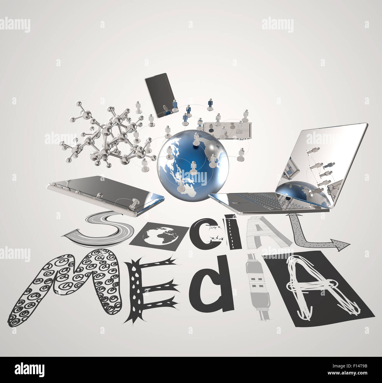 hand drawn graphic word SOCIAL MEDIA and 3d all new technology world as ...