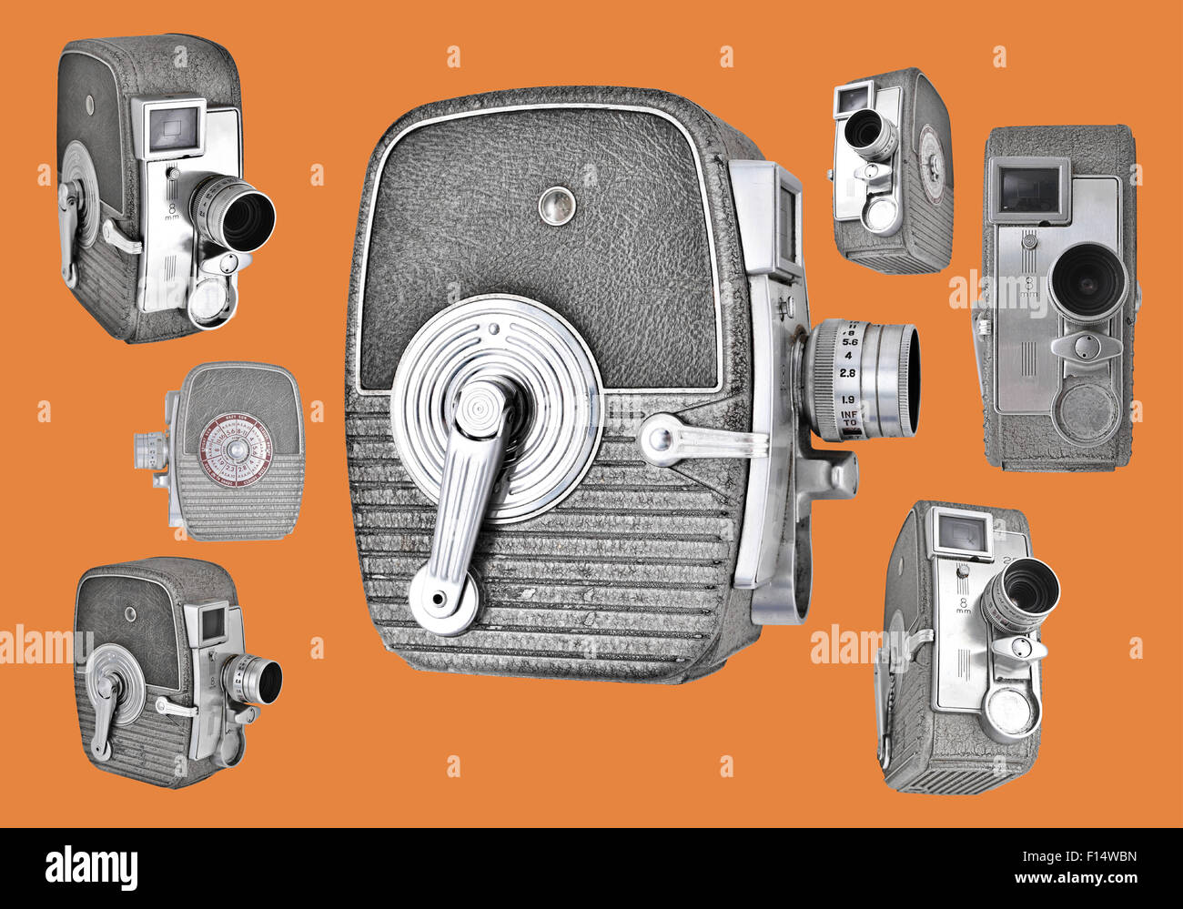 8mm Cameras in different angles in a bright retro layot Stock Photo - Alamy