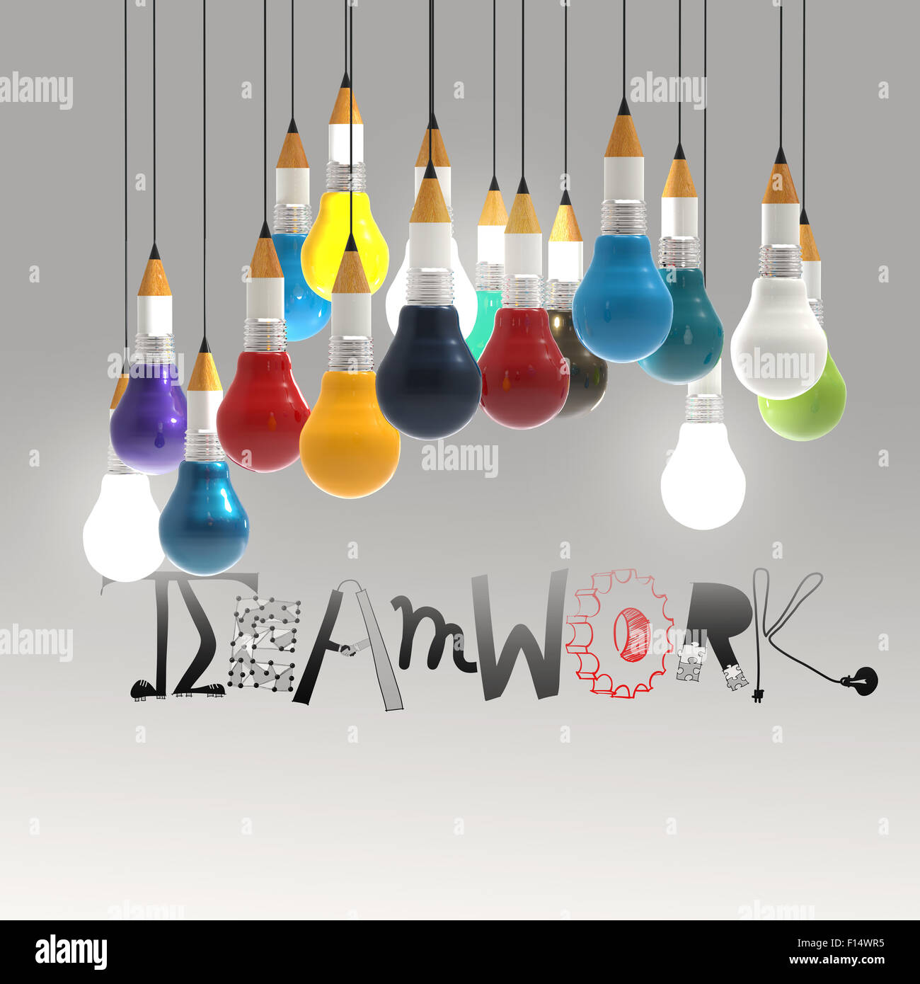 pencil lightbulb 3d and design word TEAMWORK as concept Stock Photo - Alamy