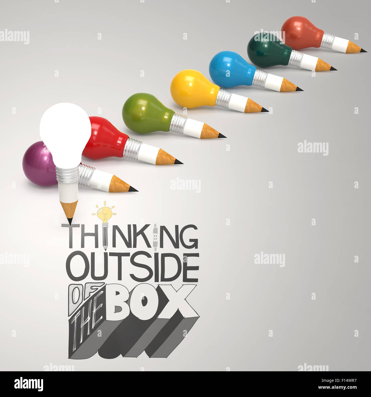 pencil lightbulb 3d and design word THINKING OUTSIDE OF THE BOX as ...