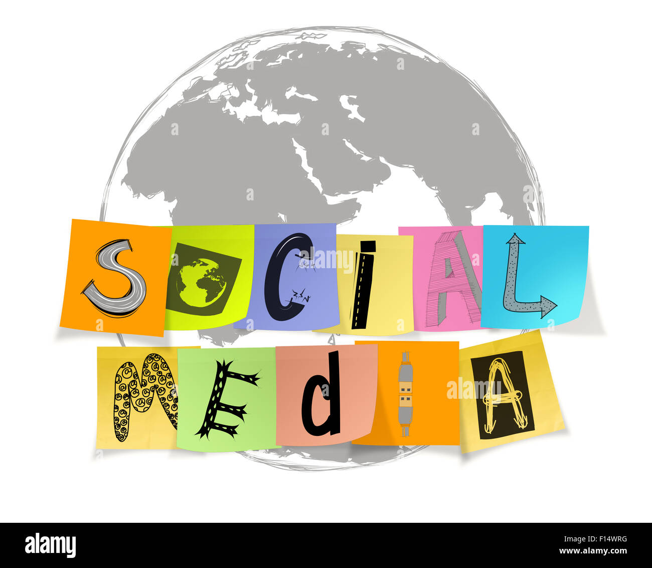 hand drawn design word social media words on sticky note on world map ...