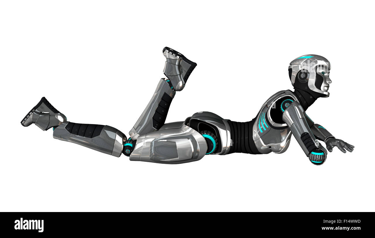 3D digital render of a female cyborg resting isolated on white ...