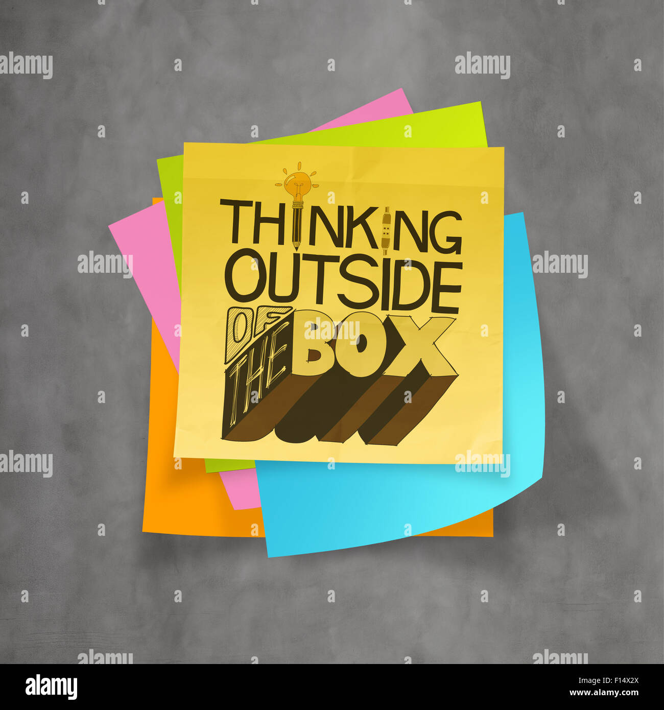hand drawn THINKING OUTSIDE OF THE BOX on sticky note and texture ...