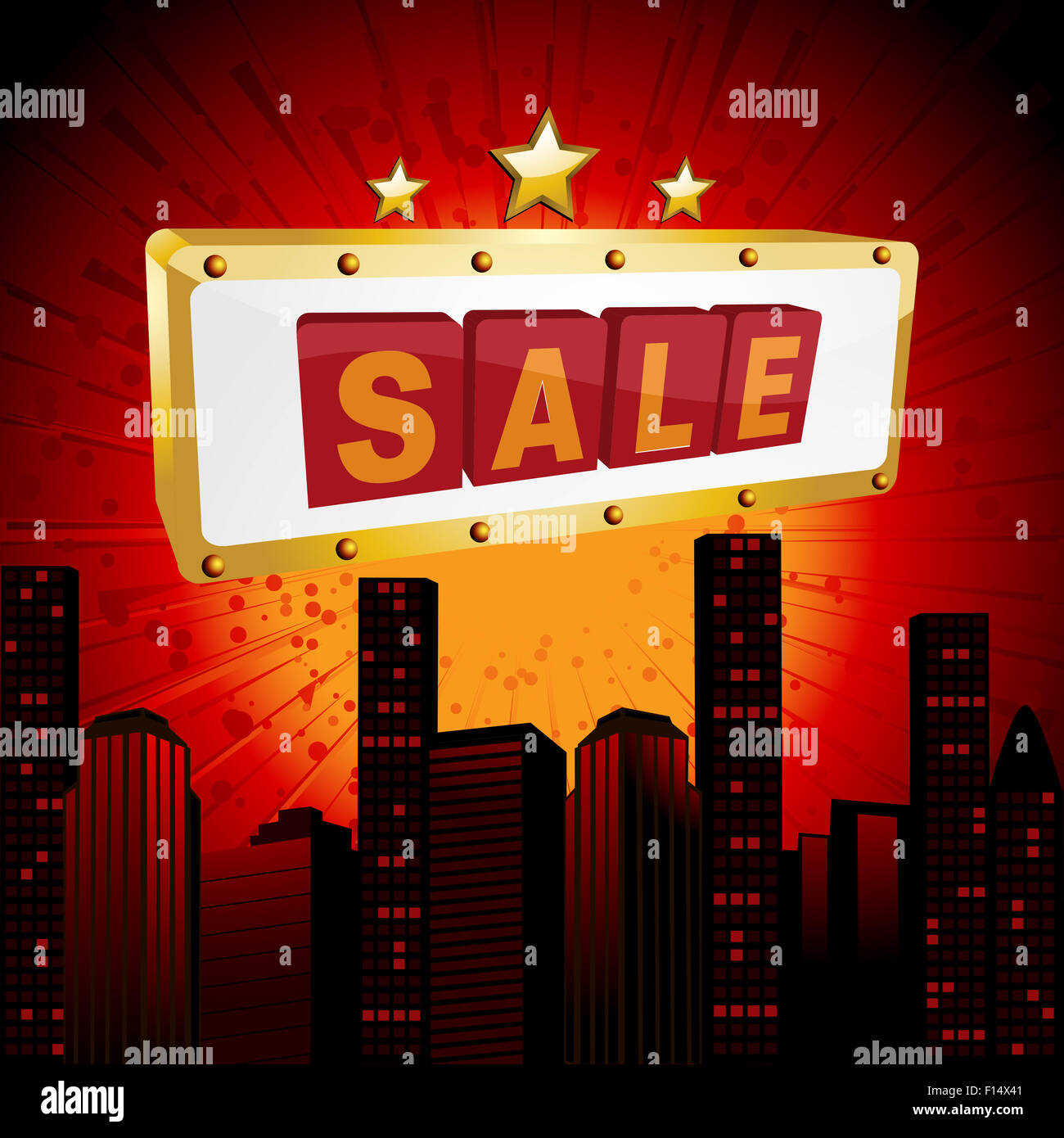 Gold and Red Sale Sign over Abstract Cityscape Background Stock Photo ...