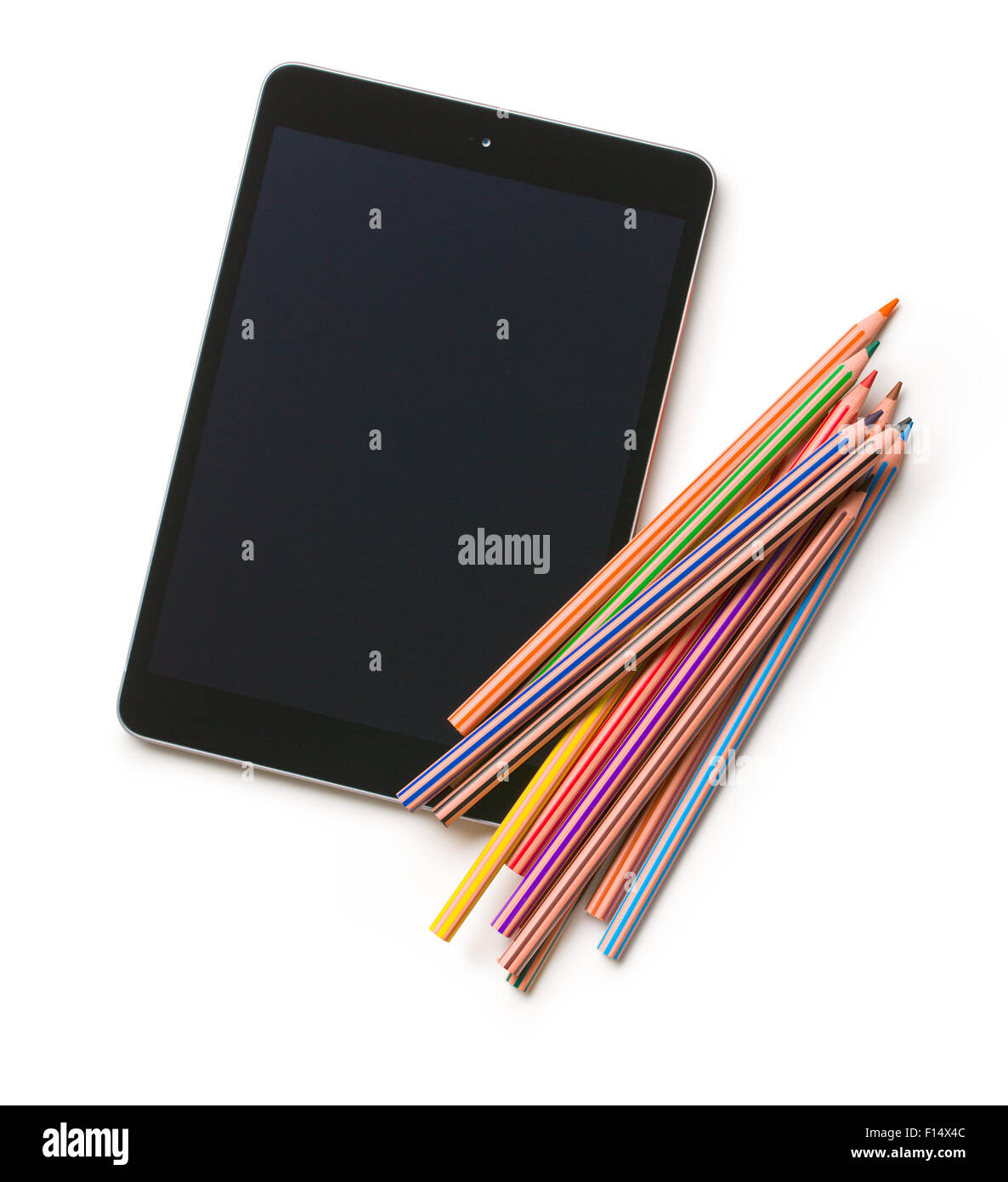 colour pencils and computer tablet on white background Stock Photo - Alamy