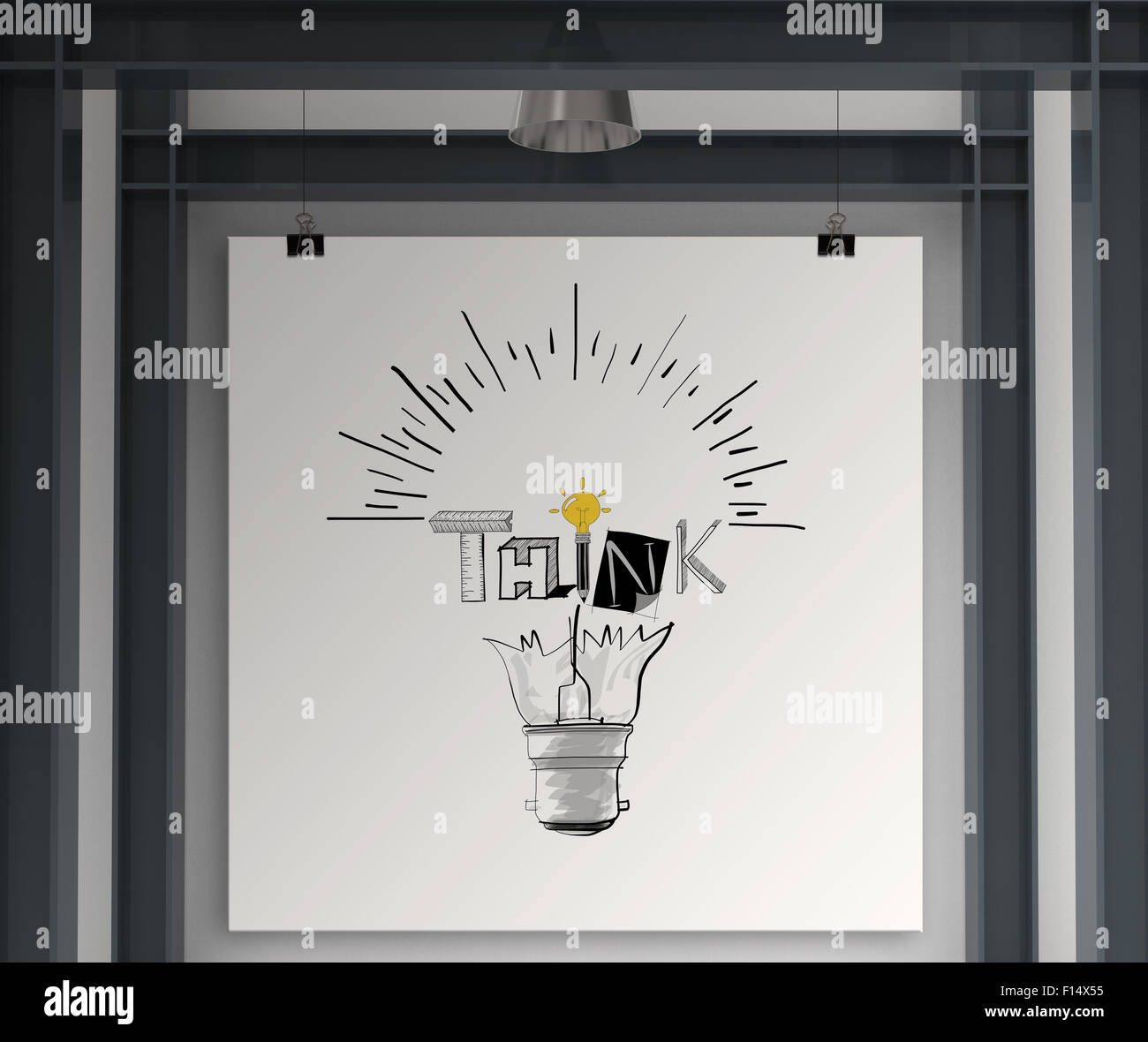 holding poster show hand drawn light bulb and THINK word design as ...