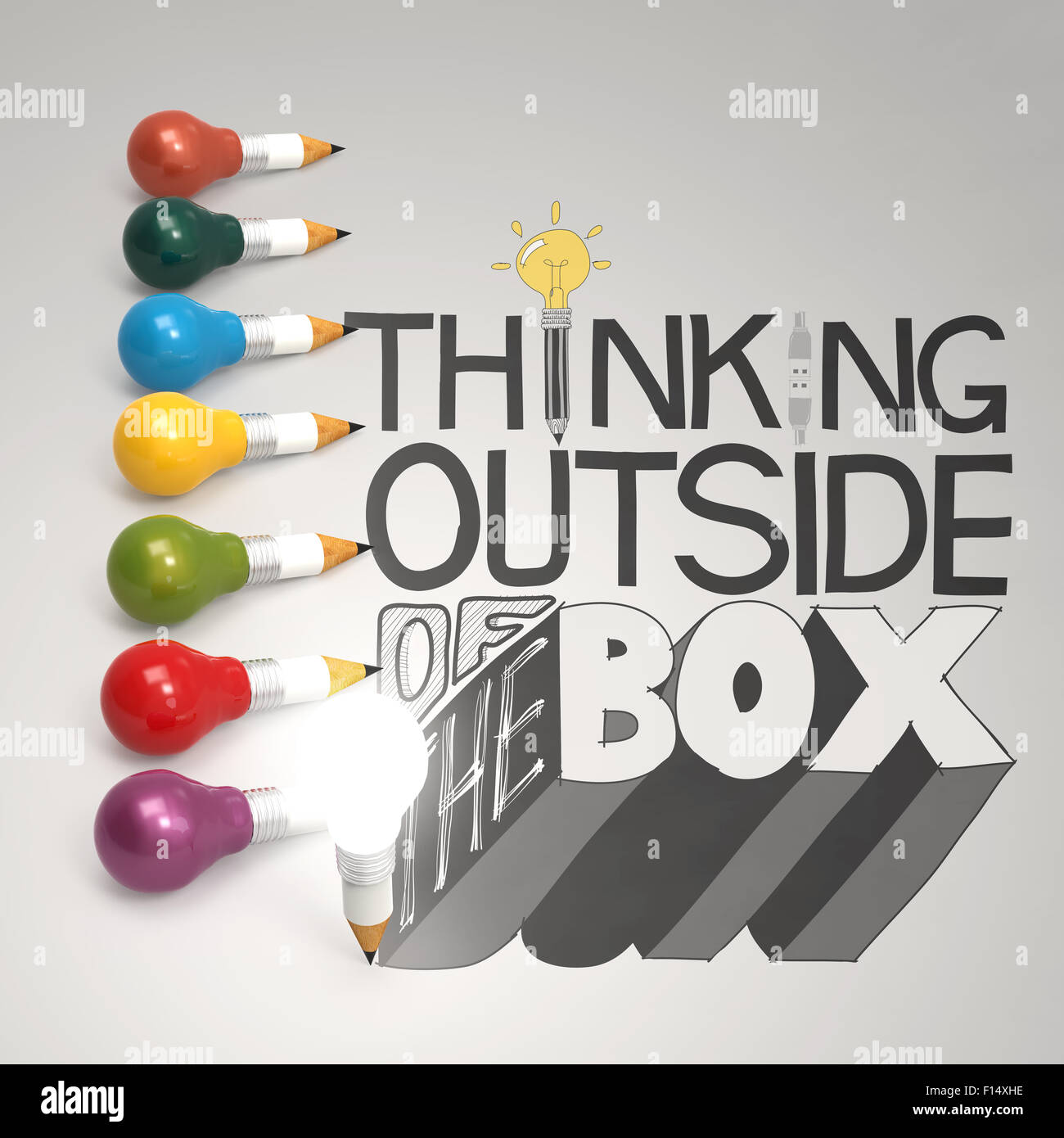 pencil lightbulb 3d and design word THINKING OUTSIDE OF THE BOX as ...