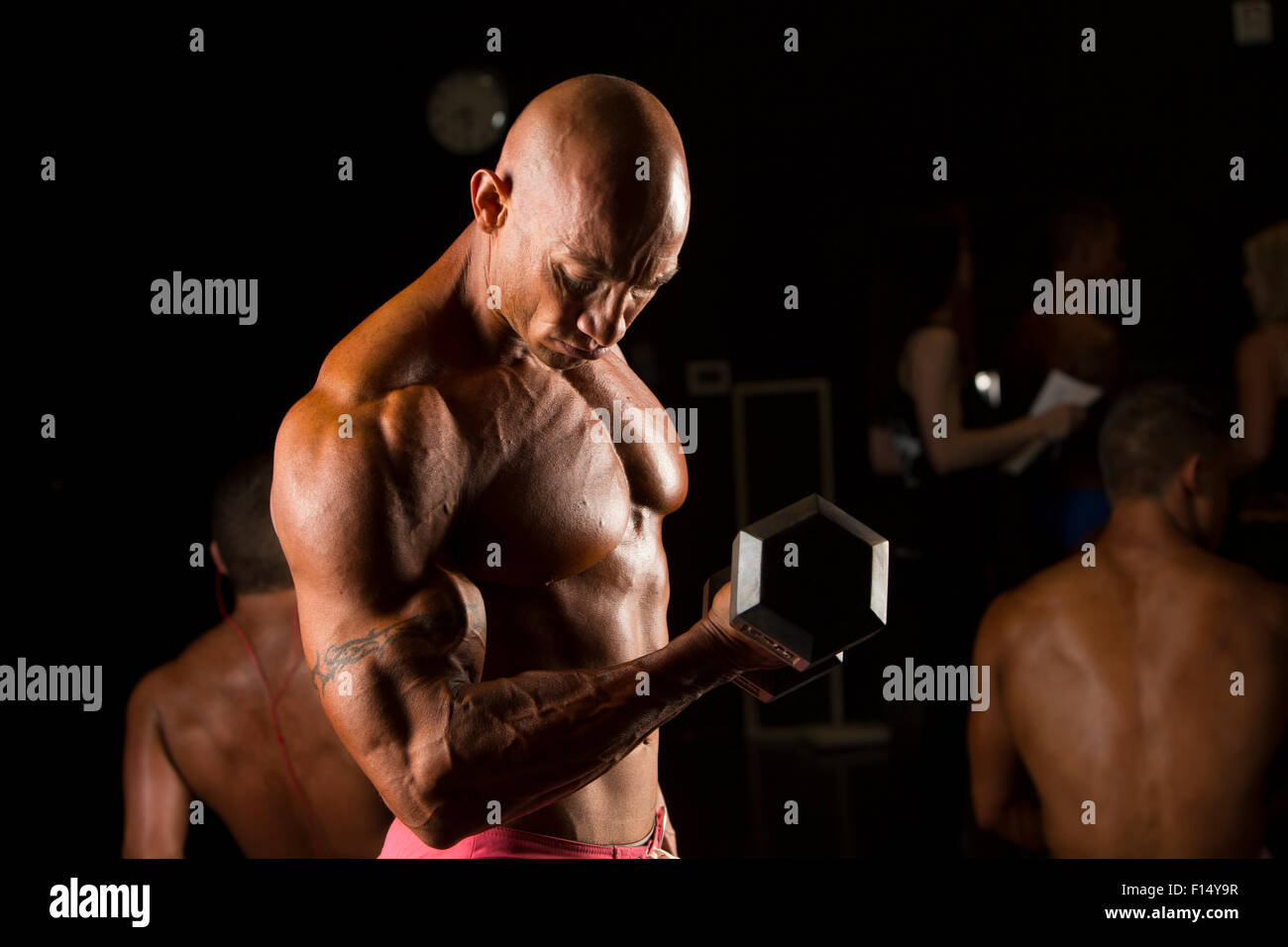 Profile of serious bodybuilder looking down at biceps lifting barbell ...