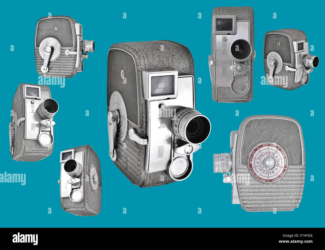 8mm Cameras in different angles in a bright retro layot Stock Photo - Alamy