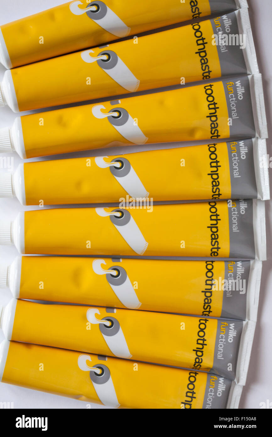 Tubes of Wilko functional toothpaste set on white background Stock ...