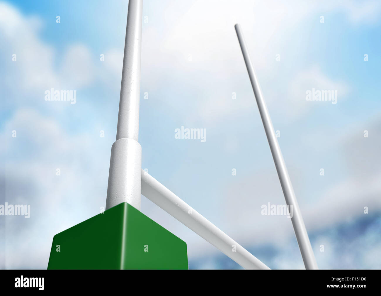 A closeup of rugby posts in a stadium in the daytime under a blue sky ...