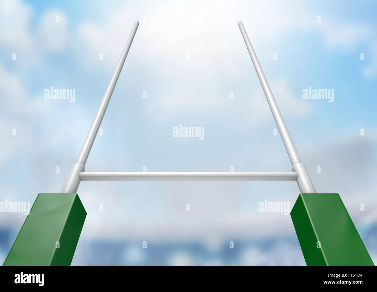 A closeup of rugby posts in a stadium in the daytime under a blue sky ...
