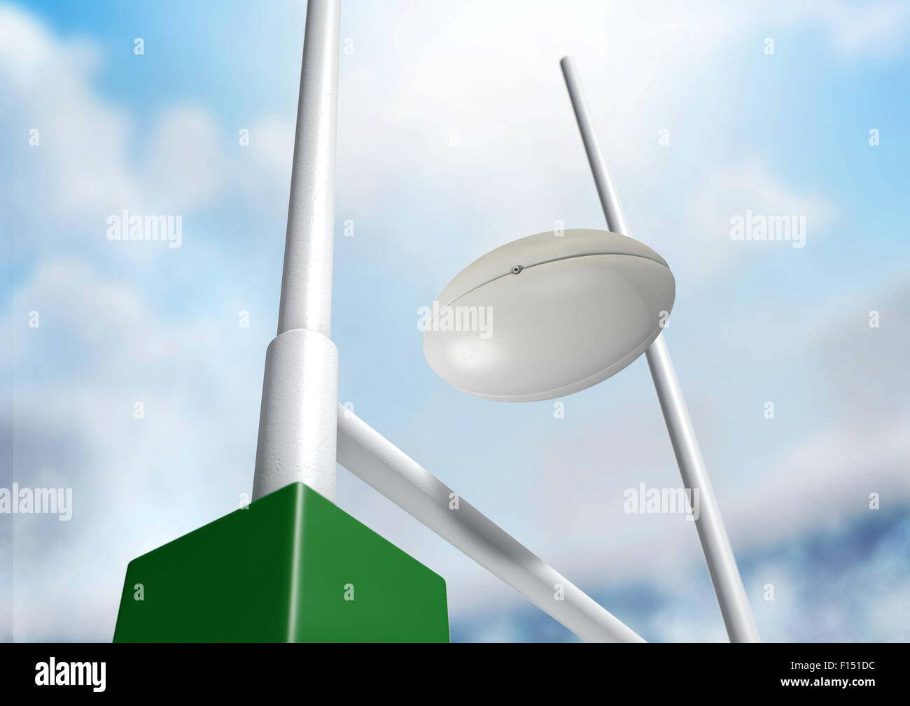 A closeup of rugby ball flying between rugby posts in a stadium under a ...