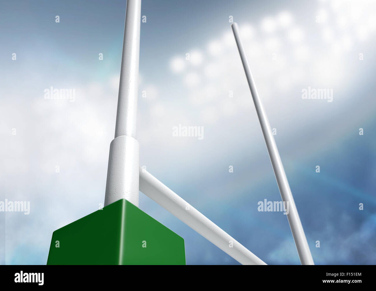 A closeup of rugby posts in a stadium under floodlights at night Stock ...