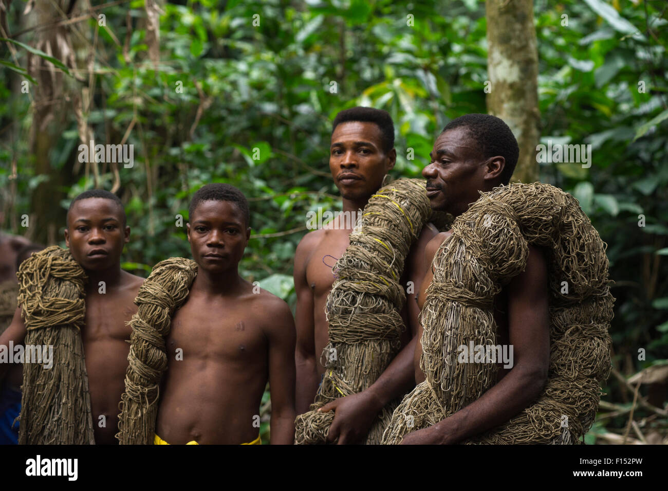 Ba'Kola Pygmies with traditional duiker hunting nets. Mbomo, Odzala ...