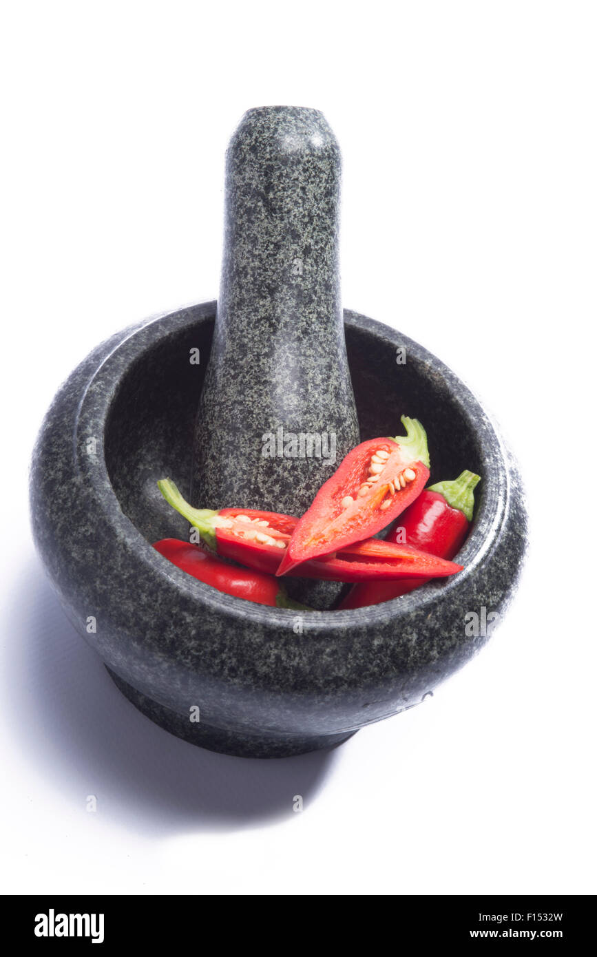 hot pepper mix in mortar and pestle on white background Stock Photo - Alamy
