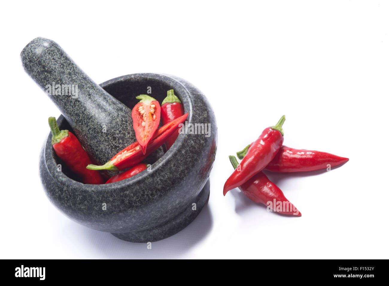 hot pepper mix in mortar and pestle on white background Stock Photo - Alamy