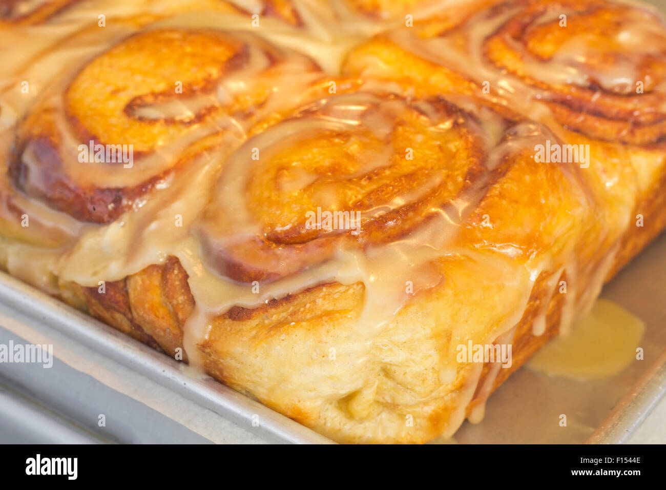 Closeup of several cinnamon buns on display at local bakery Stock Photo ...