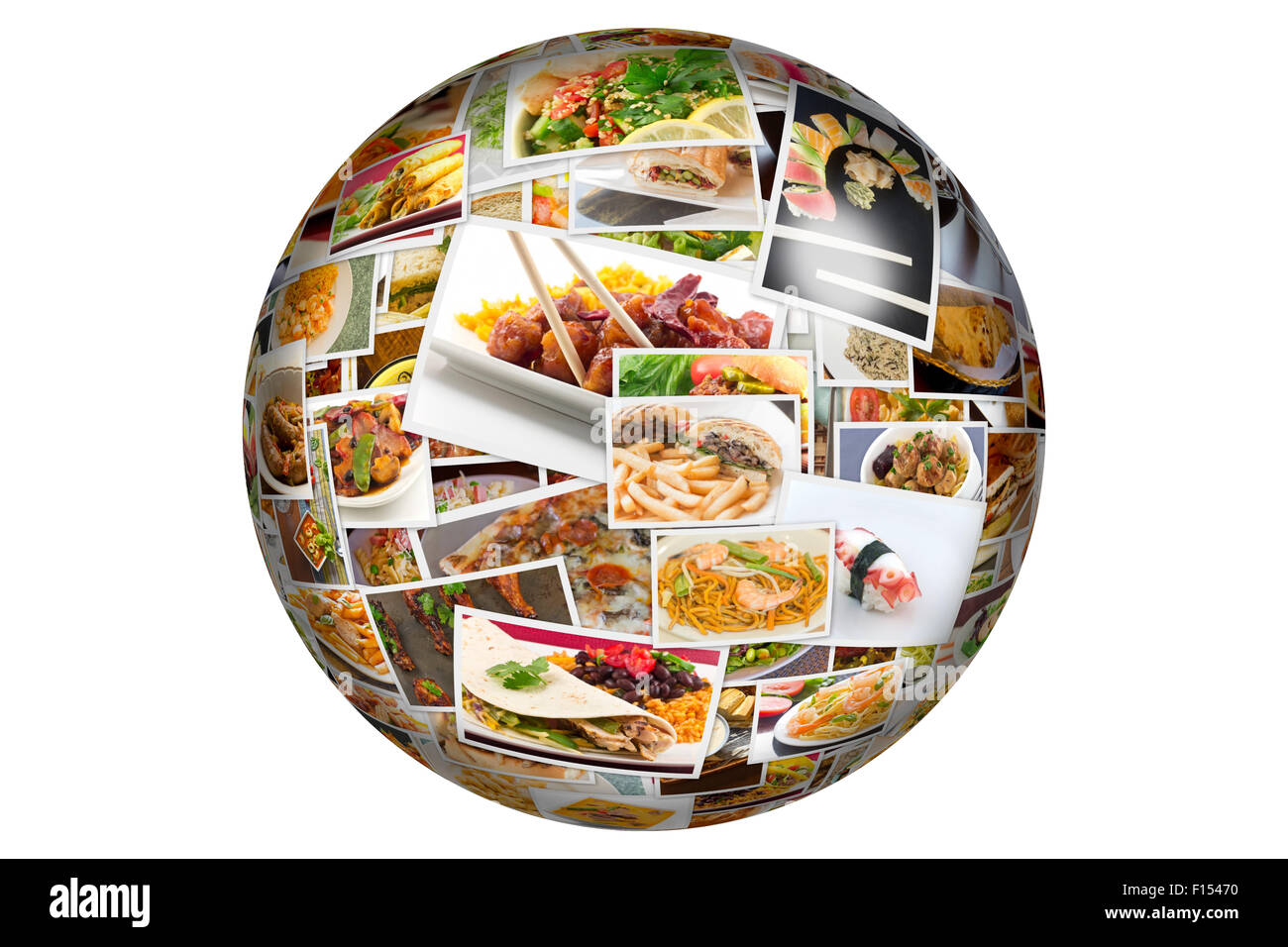 Globe collage of lots of popular worldwide dinner foods and appetizers ...