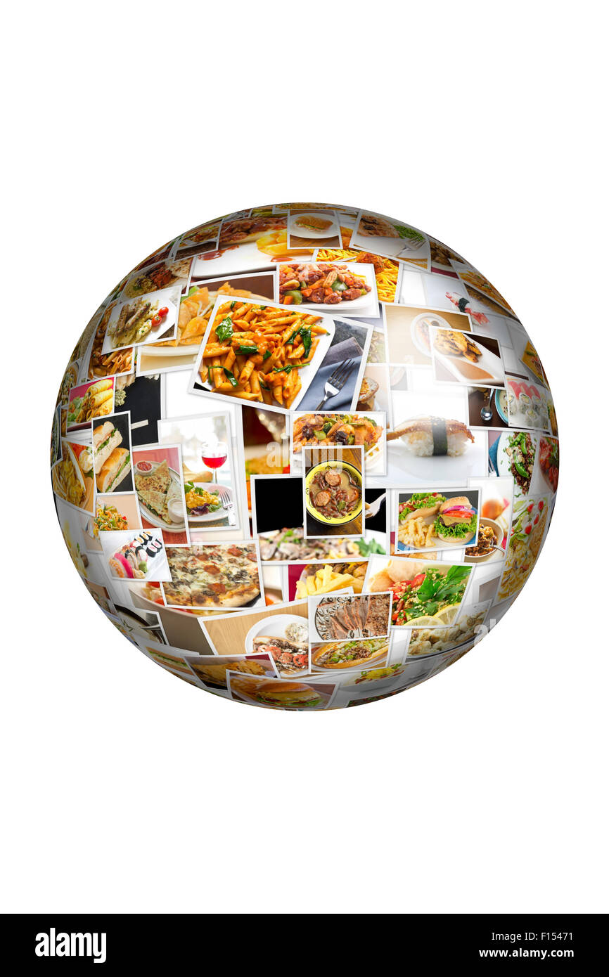 Globe collage of lots of popular worldwide dinner foods and appetizers ...