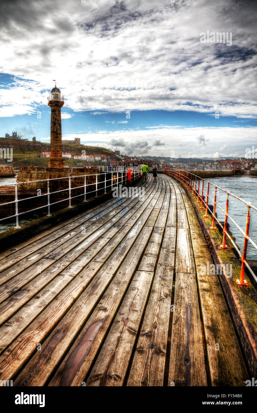 Whitby pier harbour wall harbor wooden boards floor out to sea coast ...