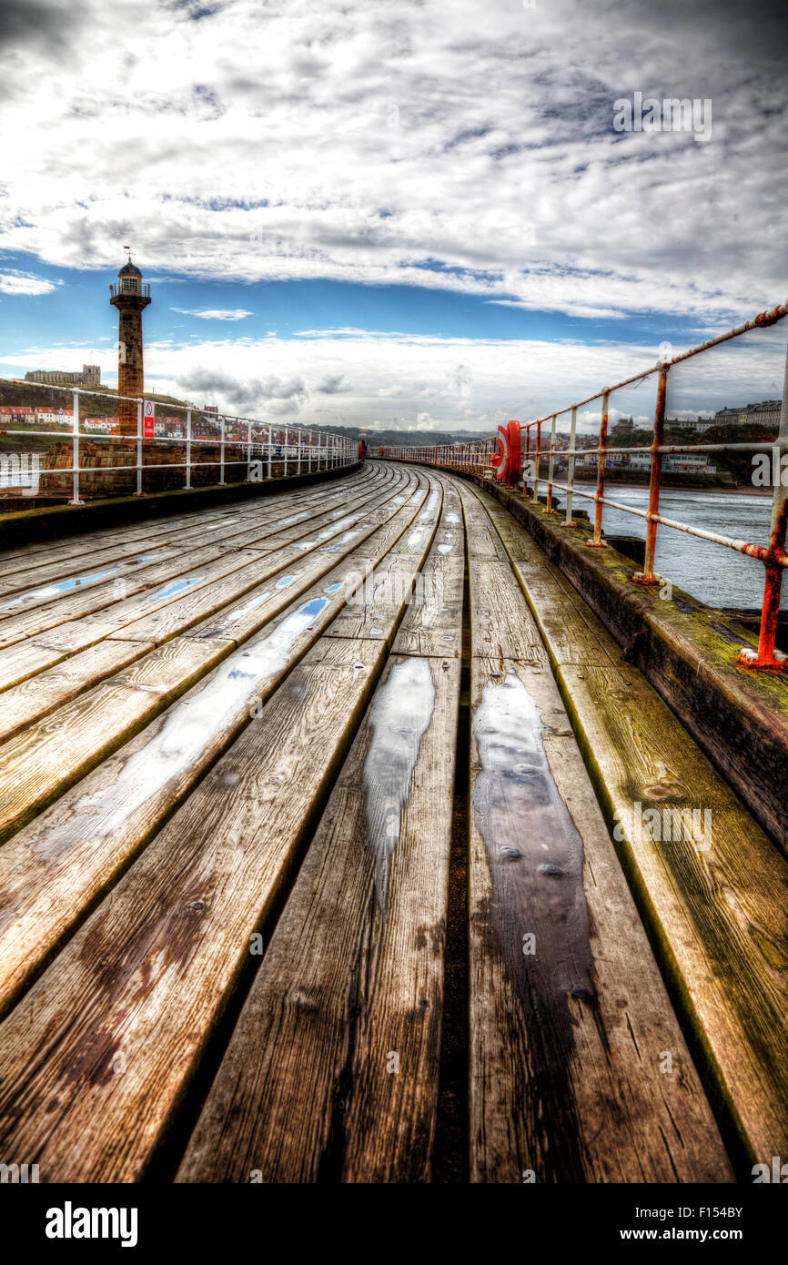 Whitby pier harbour wall harbor wooden boards floor out to sea coast ...