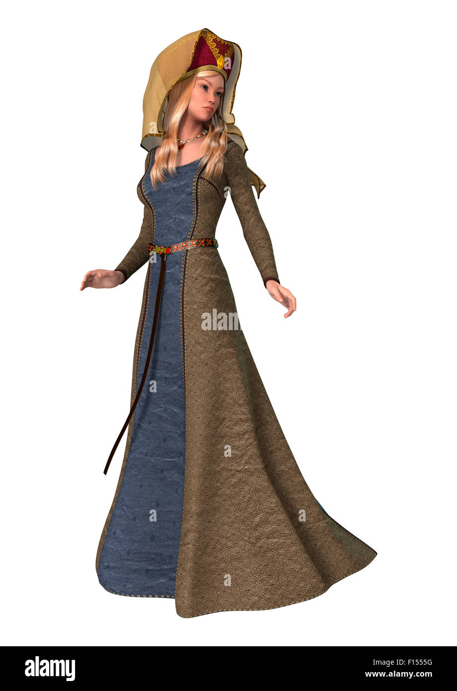 3D digital render of a beautiful medieval lady isolated on white ...