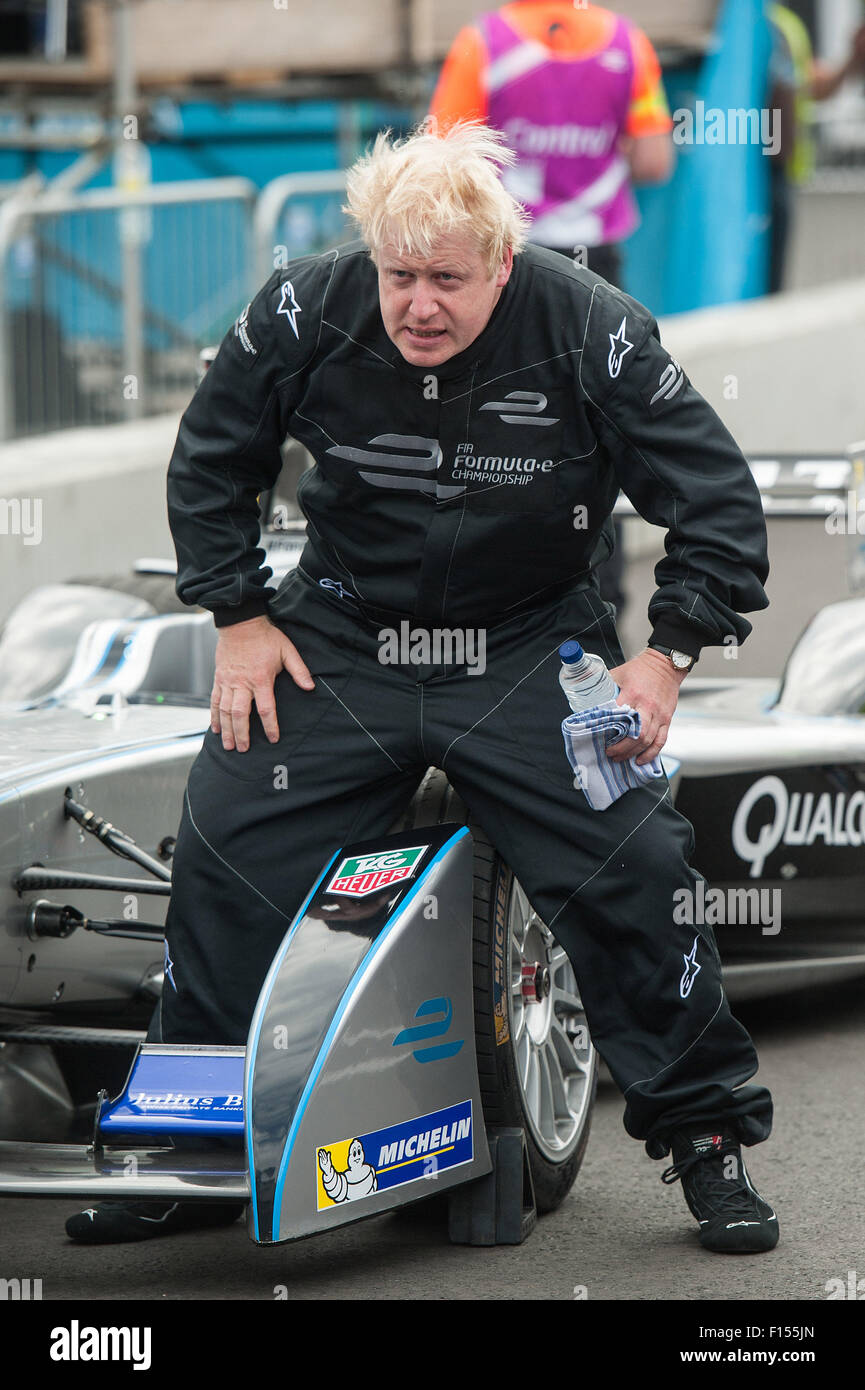 Boris Johnson drives a Formula E car in Battersea Park ahead of the ...