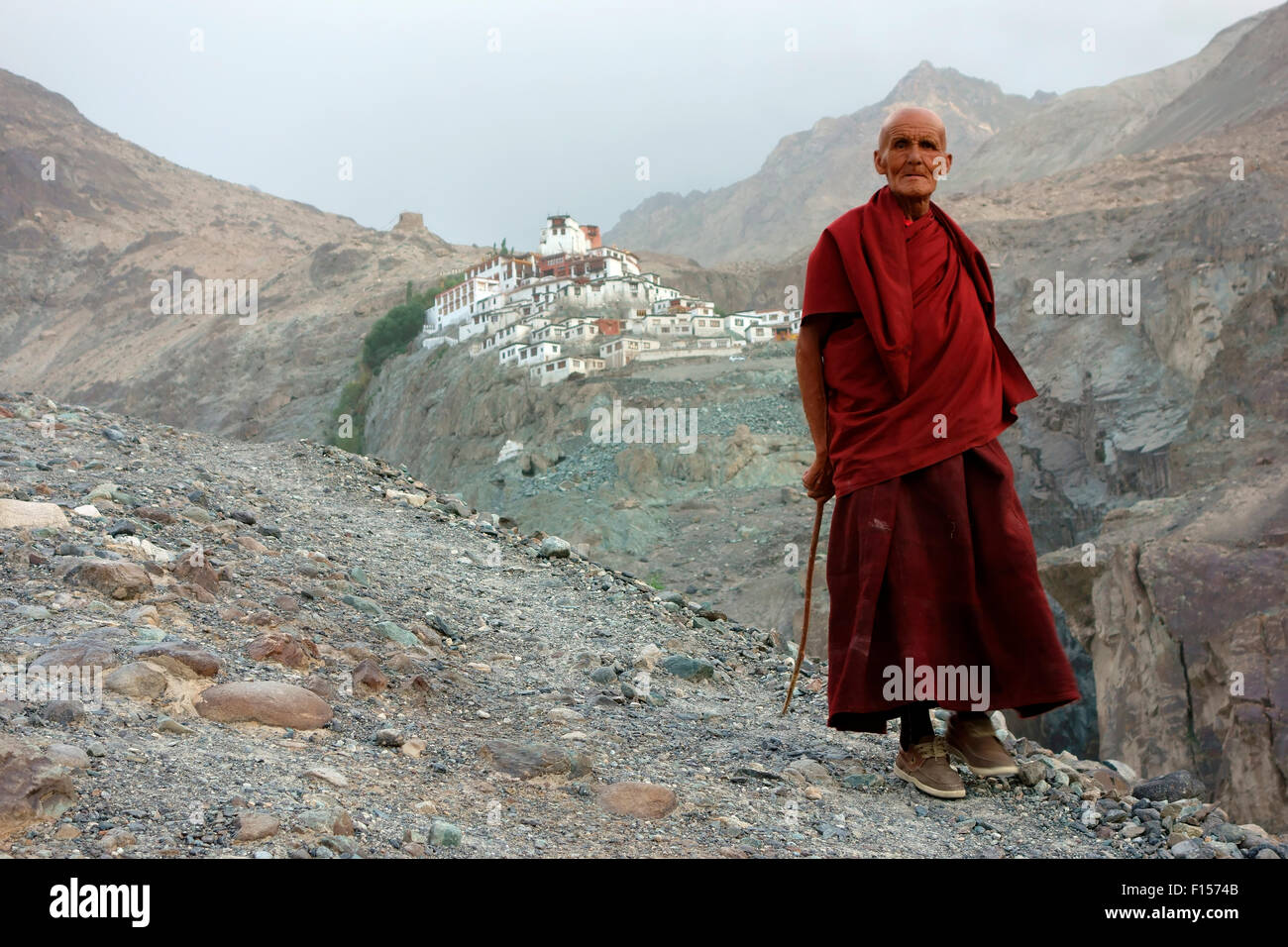 Old Buddhist monk in front of the Diskit Monastery, Nubra Valley ...