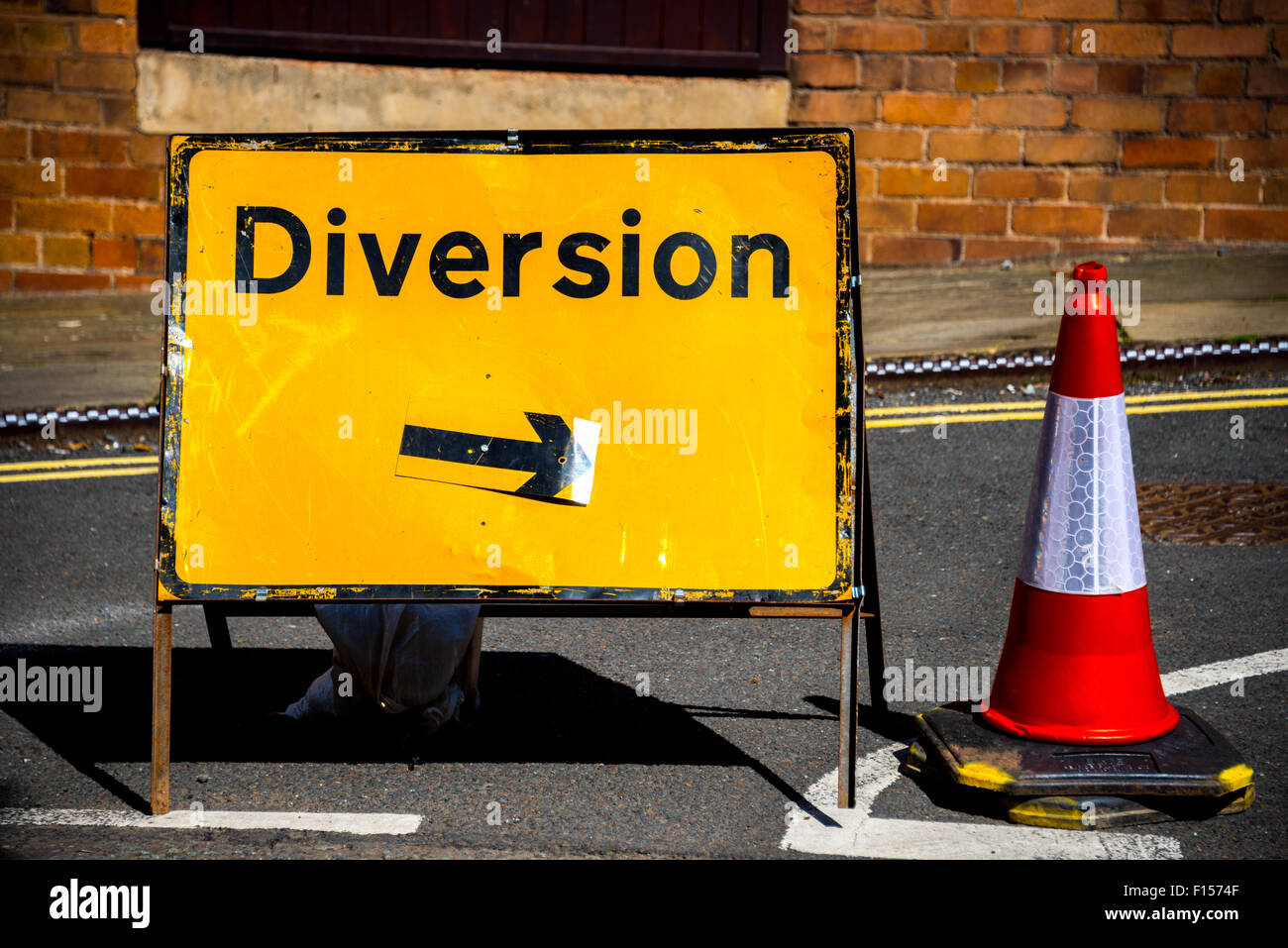 A Diversion road sign due to road works on a street in Ironbridge ...