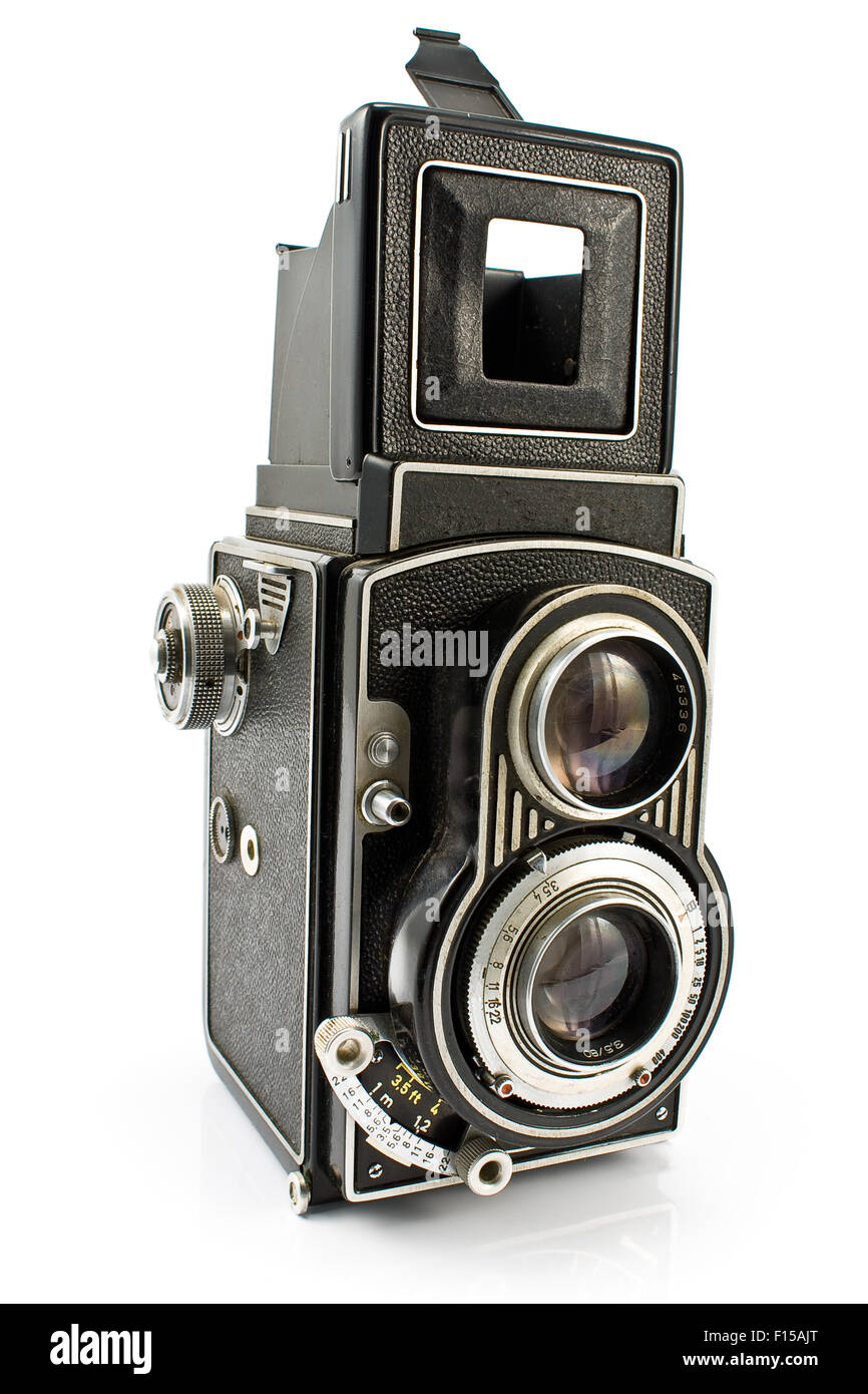 Vintage two lens photo camera isolated on white Stock Photo - Alamy