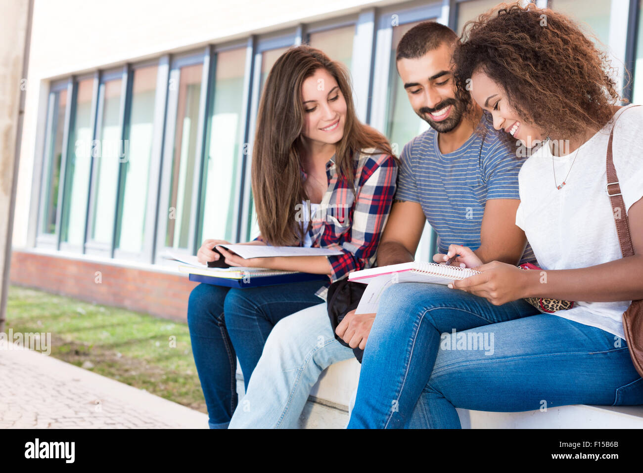 Students sharing notes in the university campus Stock Photo - Alamy