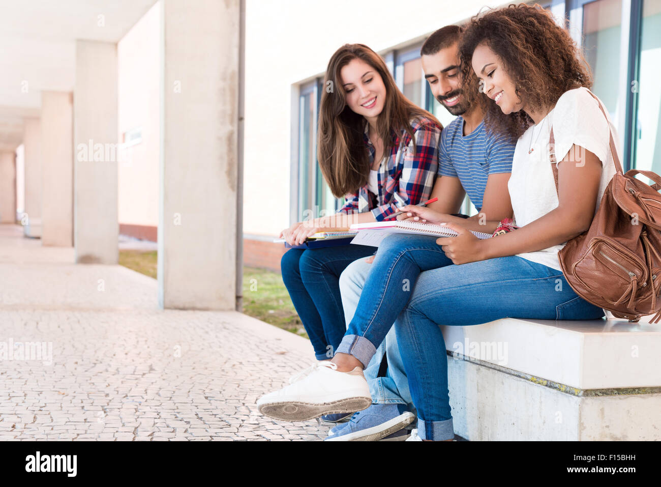 Students sharing notes in the university campus Stock Photo - Alamy