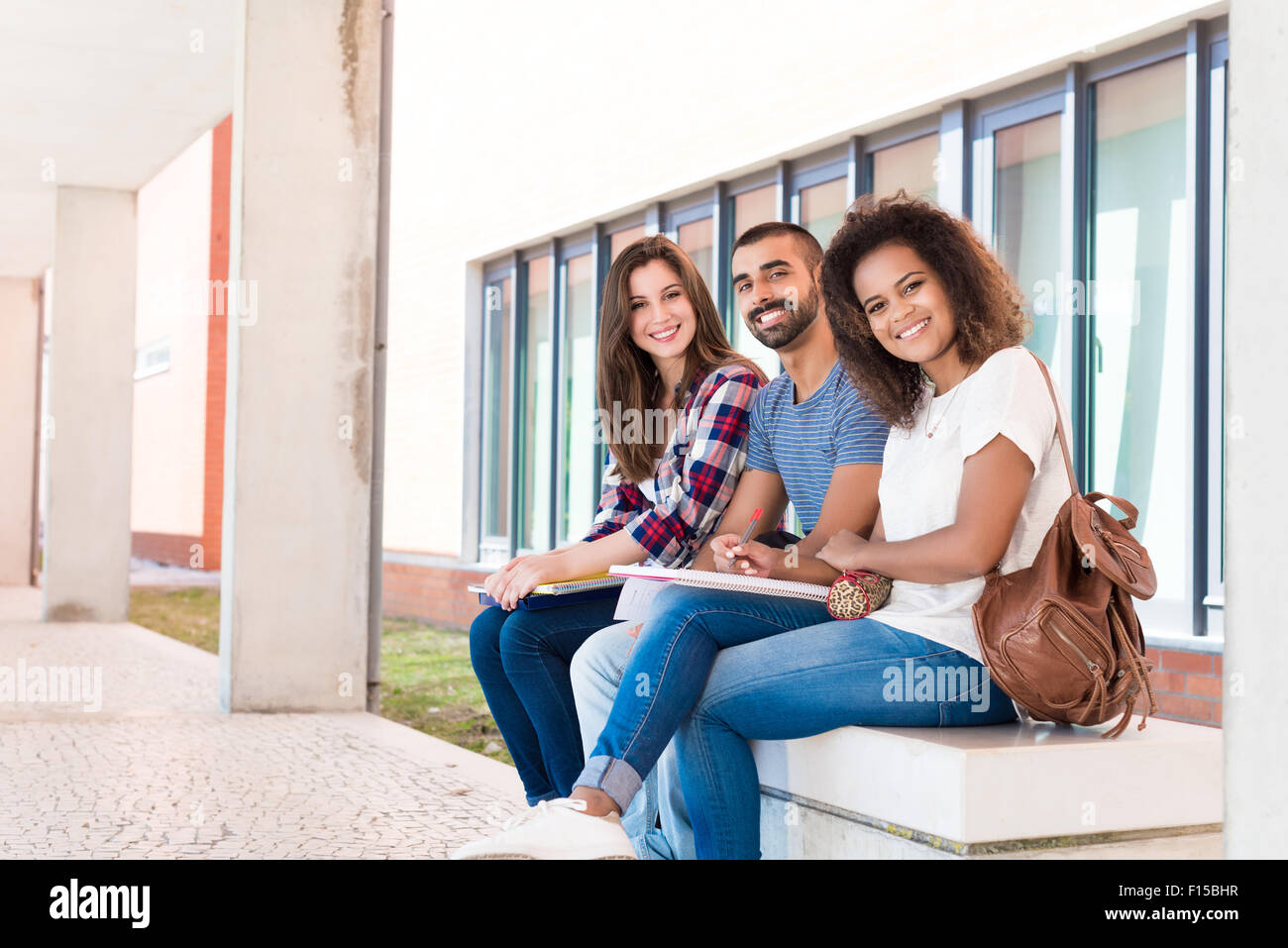 Students sharing notes in the university campus Stock Photo - Alamy