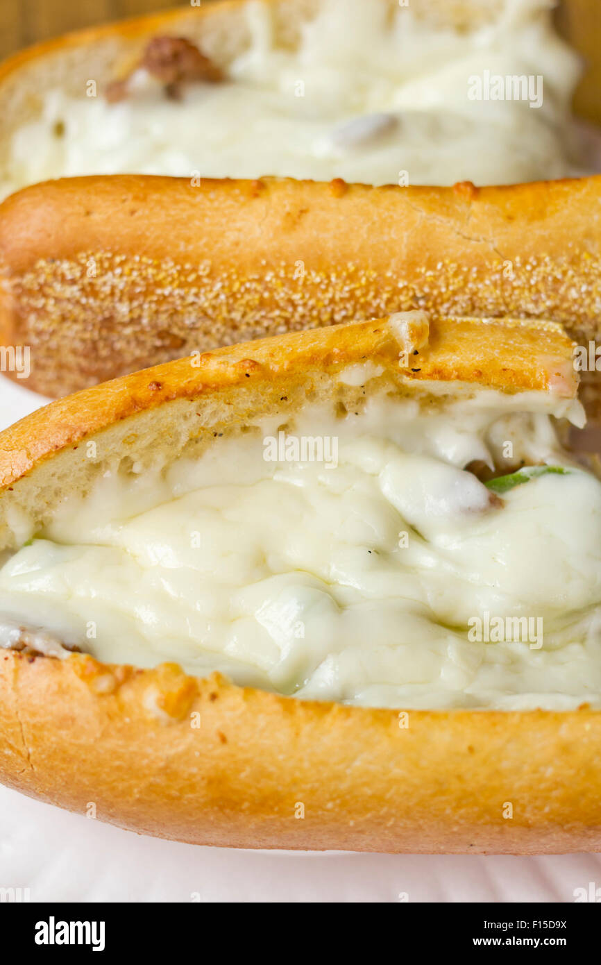 Philly Cheesesteak loaded with mozzarella cheese on submarine bun Stock ...