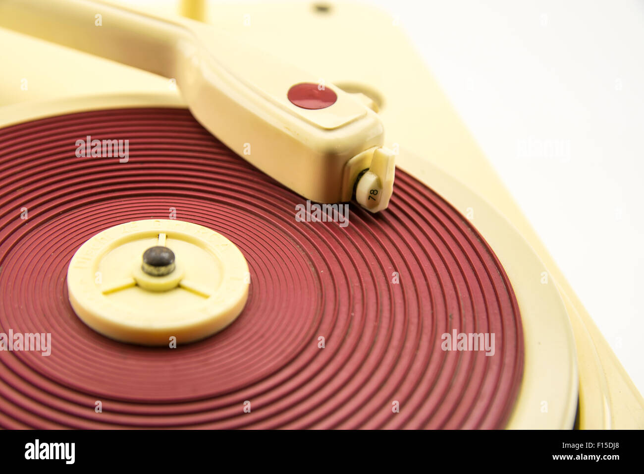 Vintage red record player on white background Stock Photo - Alamy