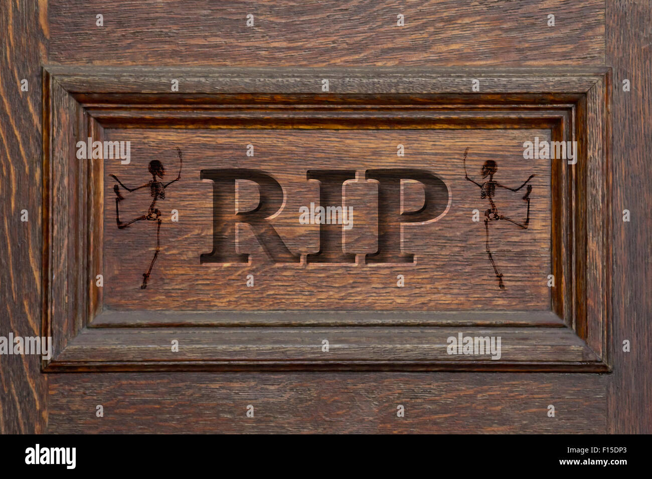 Engraved coffin spelling the letters RIP with Skeletons - rest in peace ...