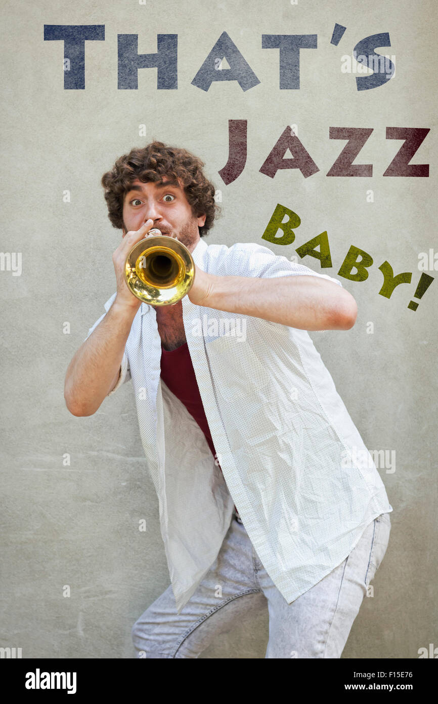 Curly haired man plays jazz trumpet outside Stock Photo - Alamy