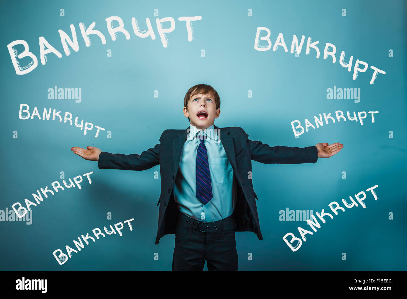 Teenage boy failure bankrupt businessman arms outstretched looki Stock ...