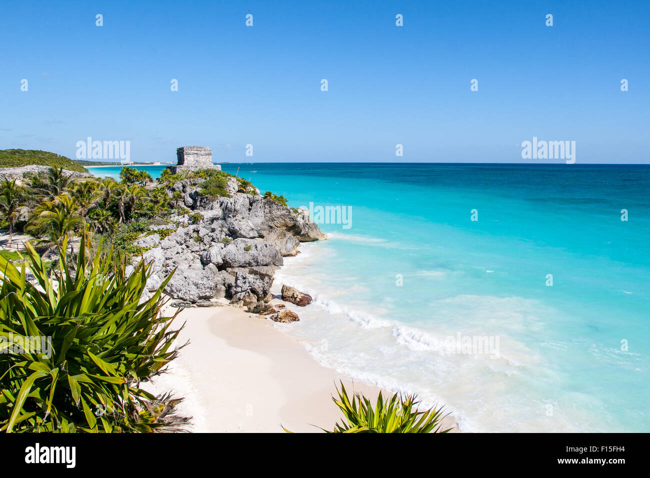 Beautiful beach with turquoise water in Tulum Mexico, Mayan ruins on ...