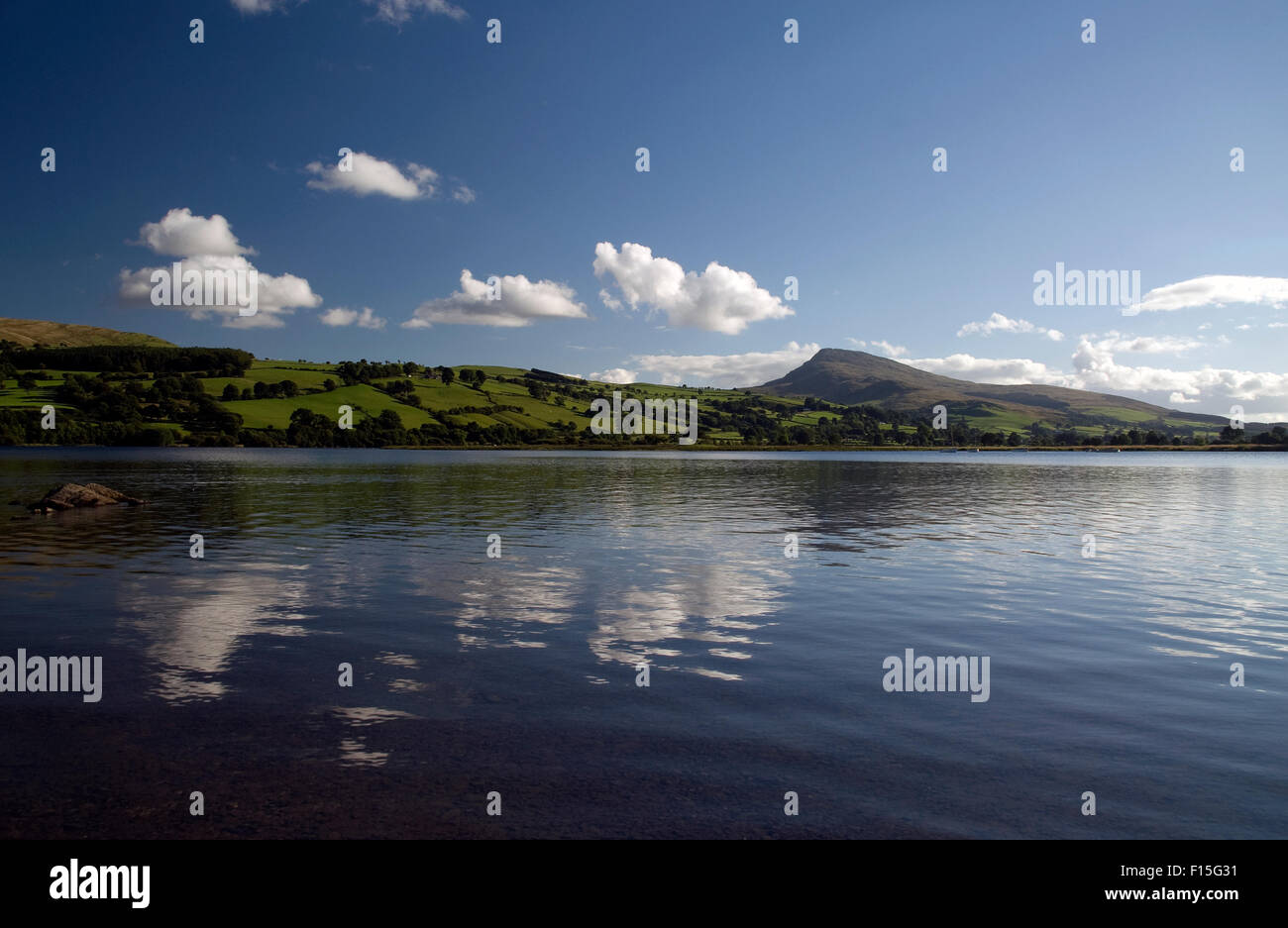 Lake Bala with Welsh mountains and hills in the distance. Blue sky and ...