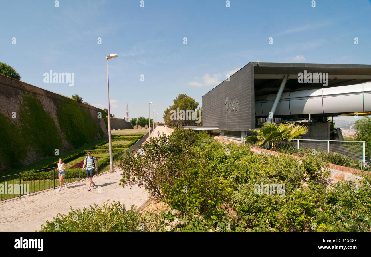 teleferic de Montjic station at Castell de Montjuic with castle wall to ...