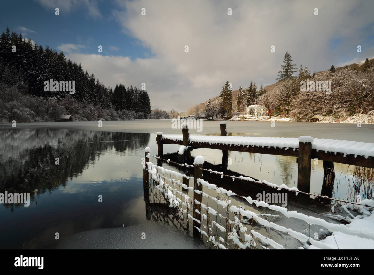 A lovely wooden snow covered jetty by the shores of Loch Ard, Loch ...