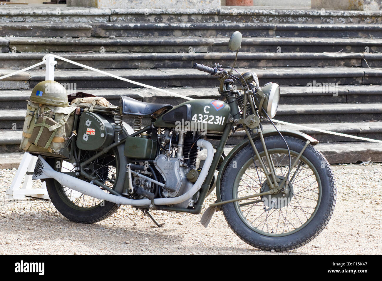 British Army motorbike parked by the front steps of the Manor Stock ...