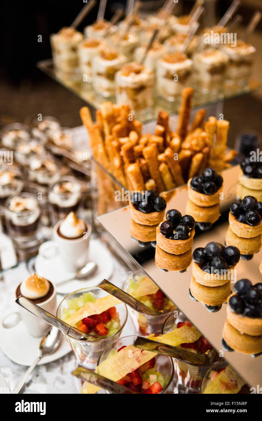 Close-up of dessert table with a variety of platters, with blueberry ...