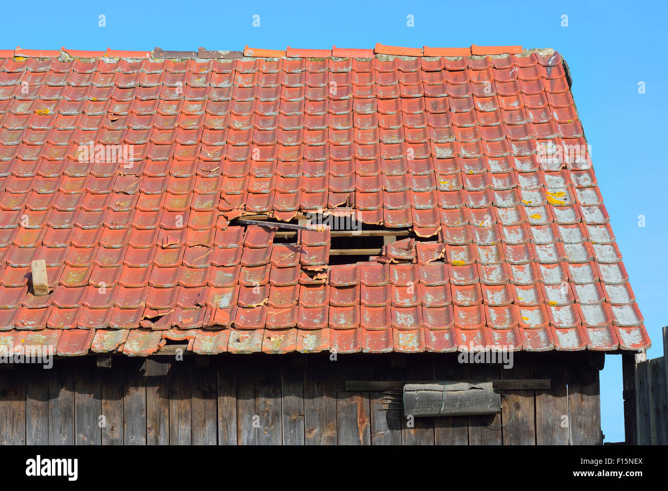 Close-up of broken roof of an Old Barn, Hesse, Germany Stock Photo - Alamy
