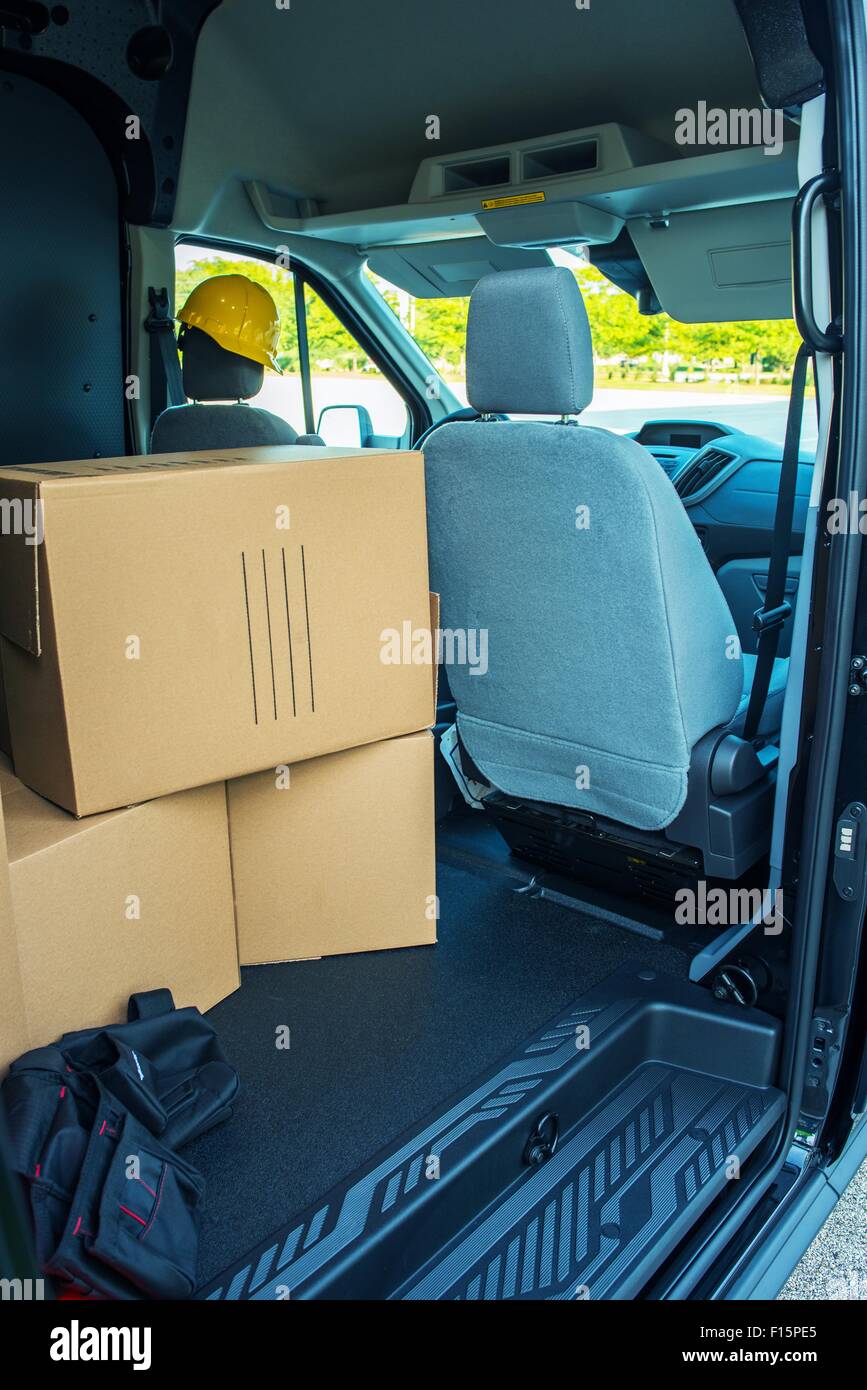 Courier Delivery. Open Large Van with Few Boxes Inside. Transportation ...