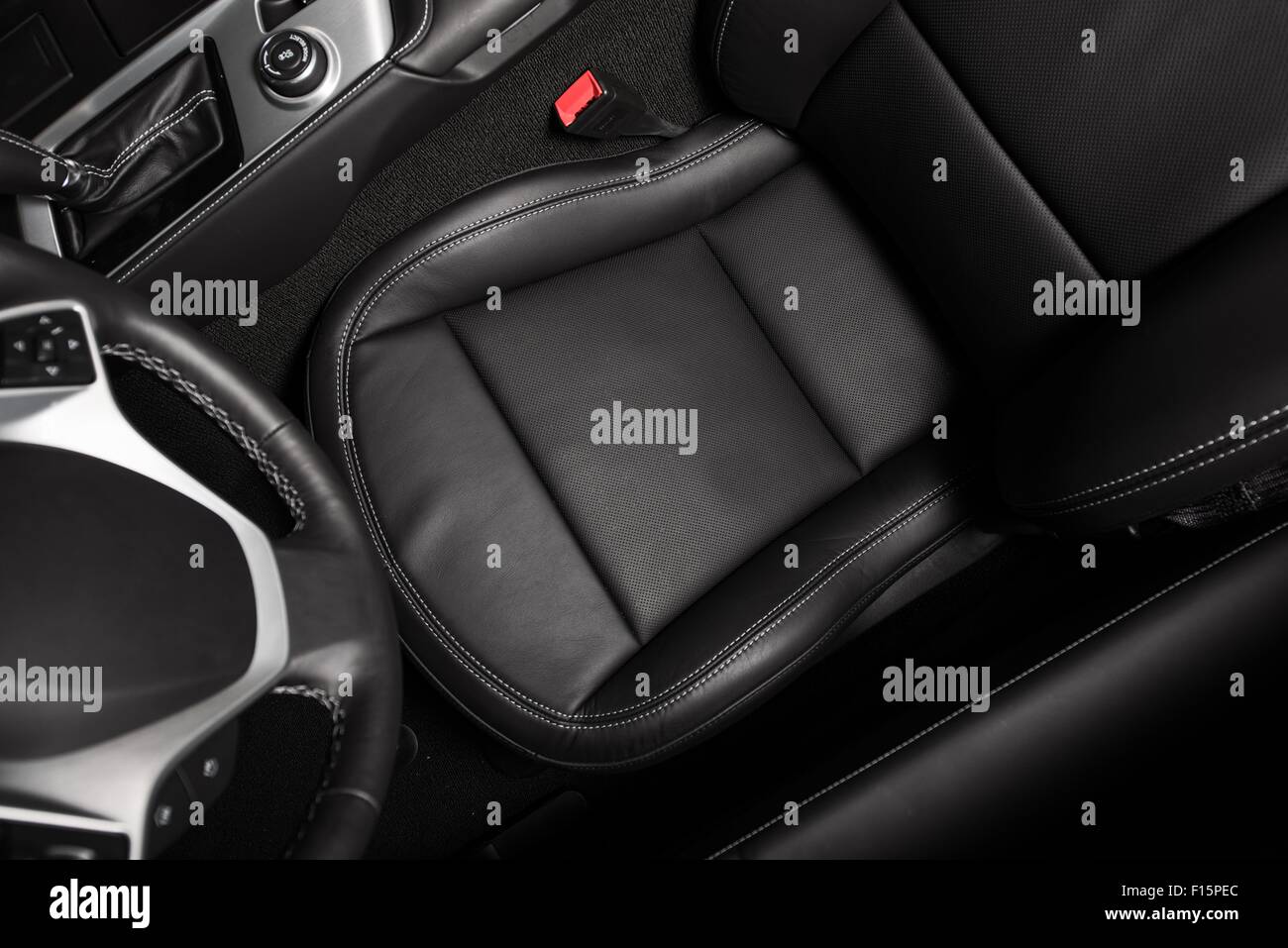 Driver Seat Photo From Above. Black Car Leather Interior. Driving Theme ...