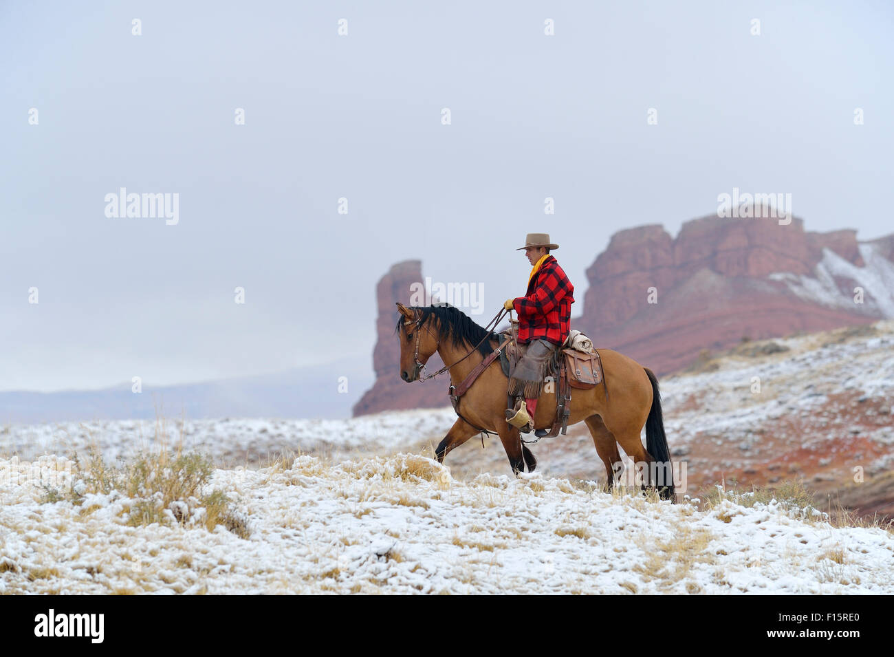 Cowboy Riding Horse in Snow, Rocky Mountains, Wyoming, USA Stock Photo ...