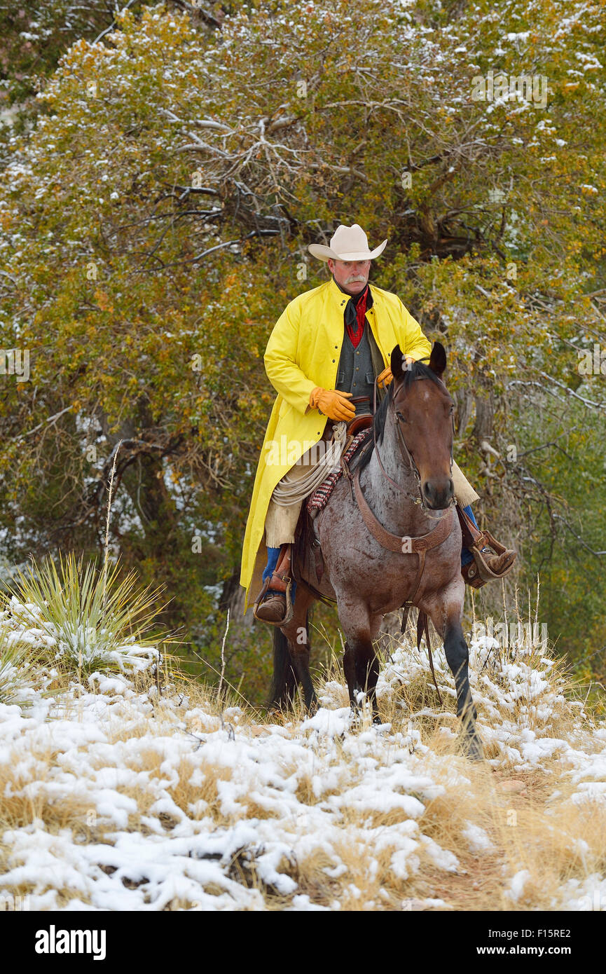 Cowboy riding in autumn snow hi-res stock photography and images - Alamy